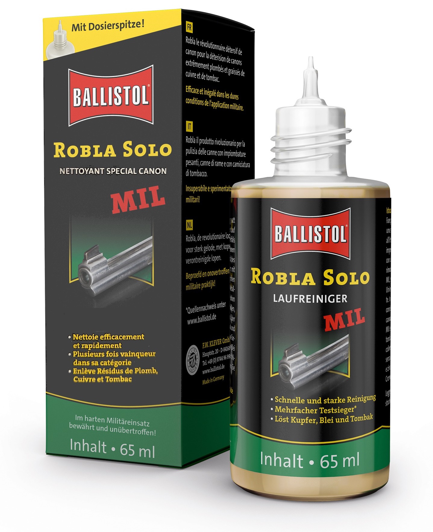 Nettoyant déplombant BALLISTOL Robla Solo Mil pour canon 65ml - Armes ...