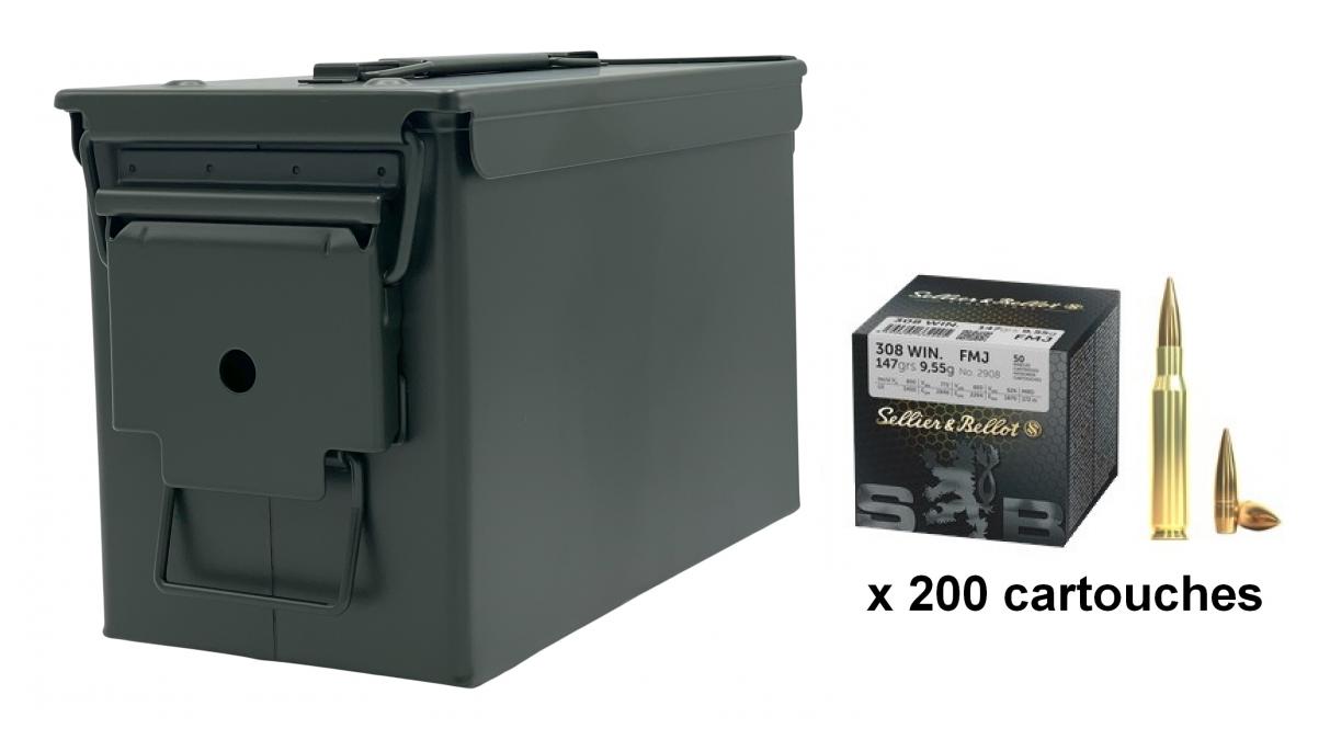SELLIER & BELLOT cal.308 Win FMJ 147 grains - 9.55 grammes /Caisse OLIVE 200 cartouches - Rayon ...