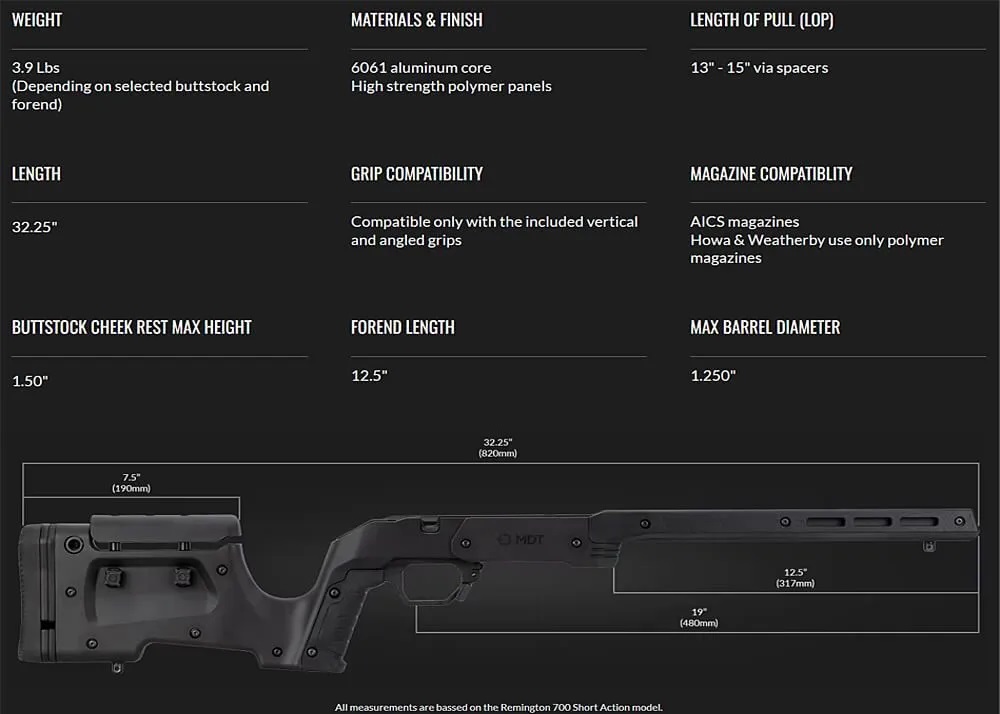 Chassis MDT XRS Noir pour carabines REMINGTON 700 SA et BERGARA ...