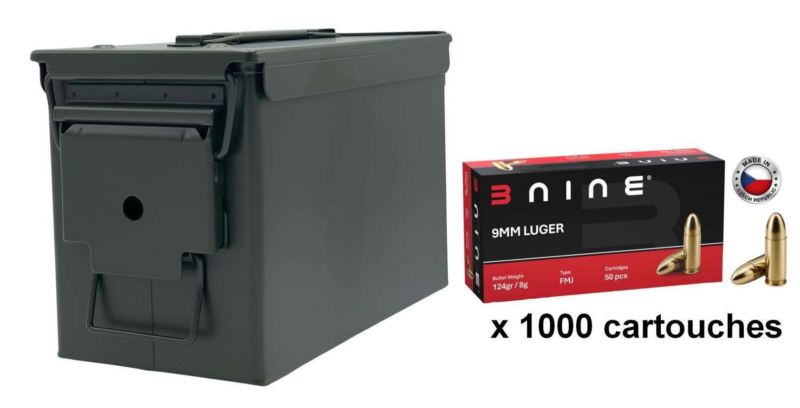 B NINE cal.9mm PARA FMJ /Caisse OLIVE 1000 cartouches - Armes catégorie ...